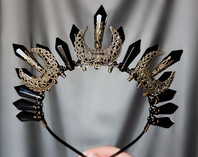 NIGHT QUEEN Black Glass Crystal Crown With Moons in Bronze or Silver ...