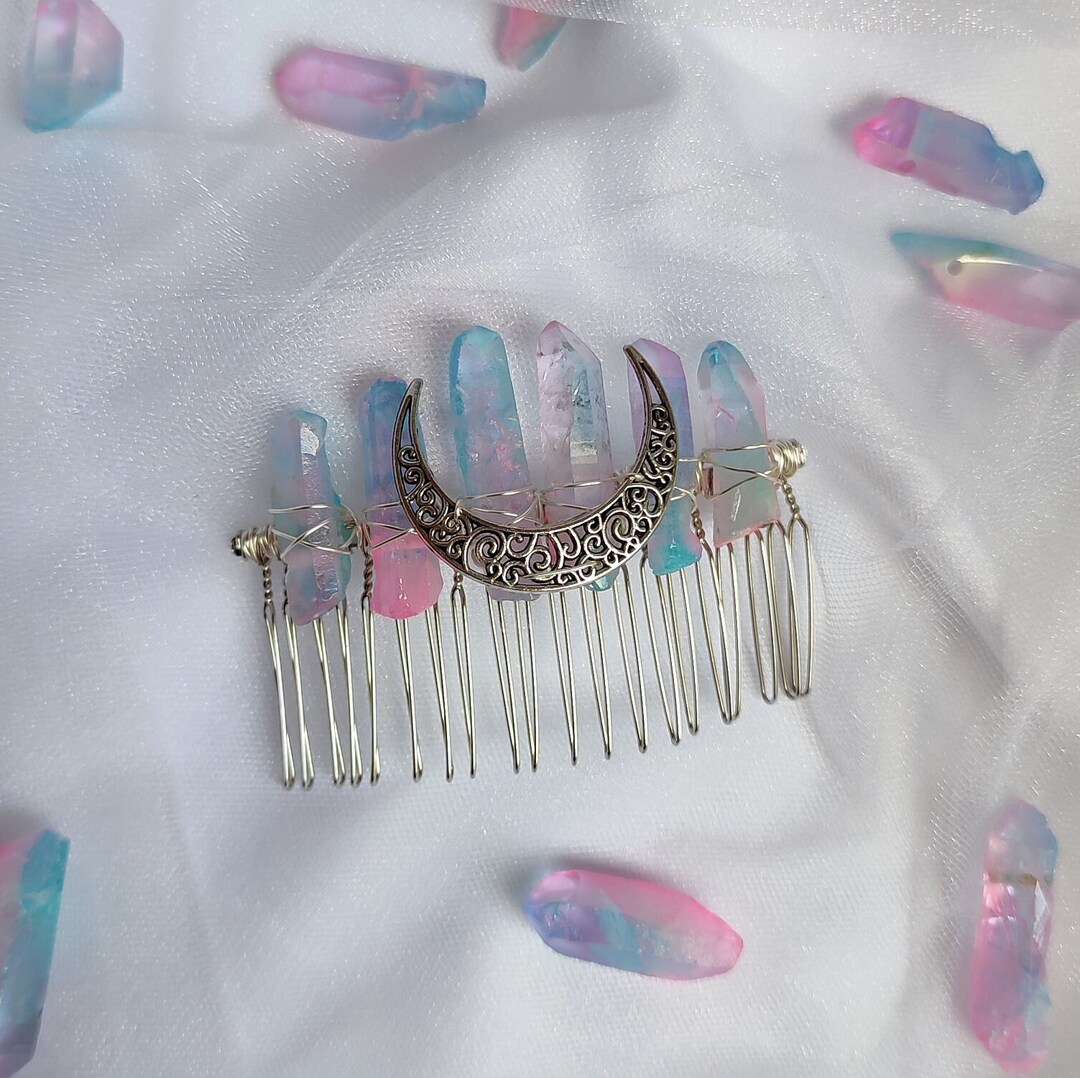 Pink and Blue Titanium Quartz Comb With Silver Moon Wire Wrapped Comb ...