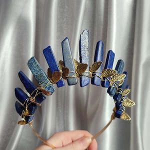 THEIA Lapis Lazuli Crystal Crown With Gold Leaves Tiara for Wedding, Festival, Prom, Photoshoot ...