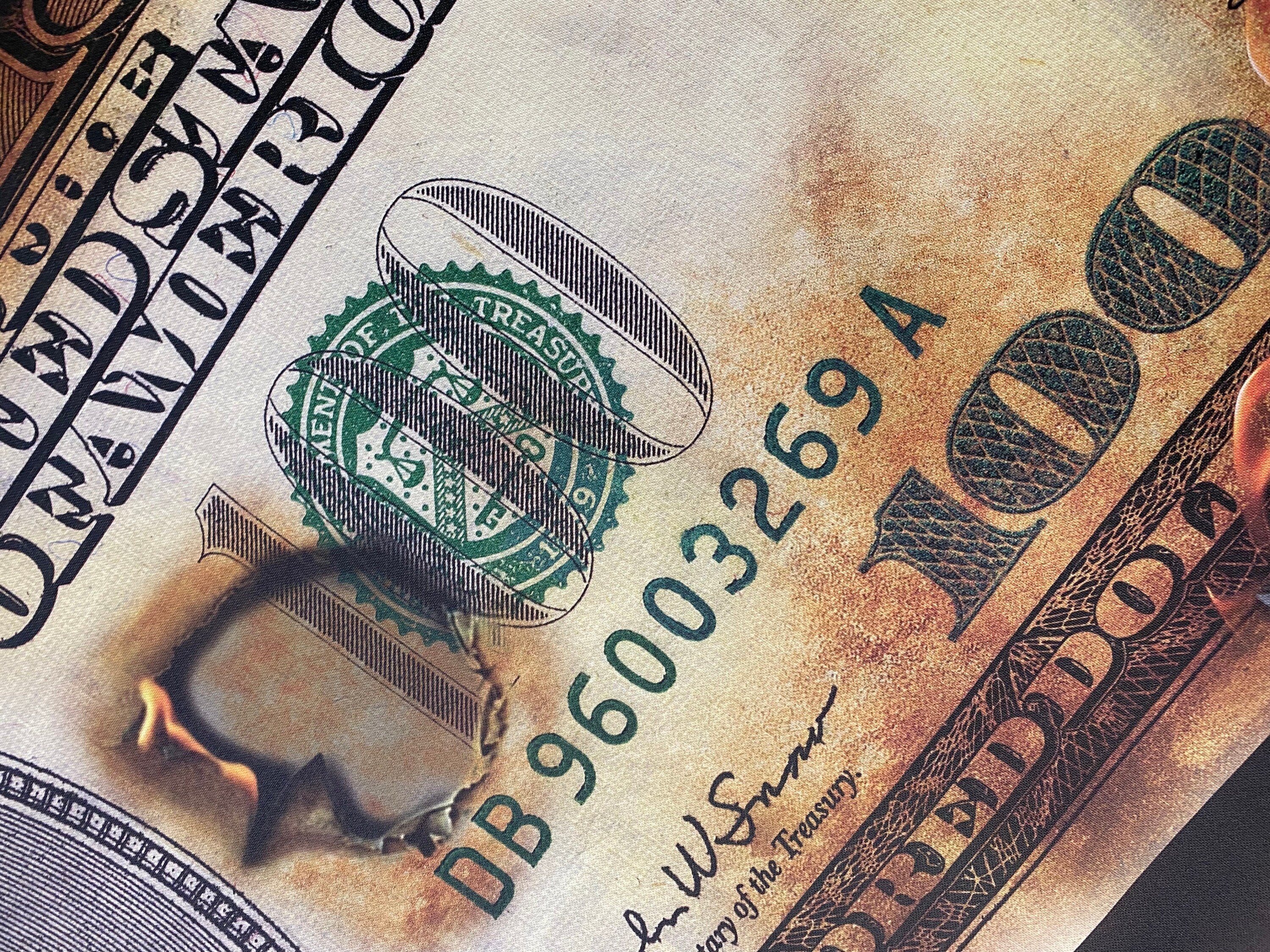 100 Burning Dollars Bill With Benjamin Franklin. Wall Art Canvas and ...