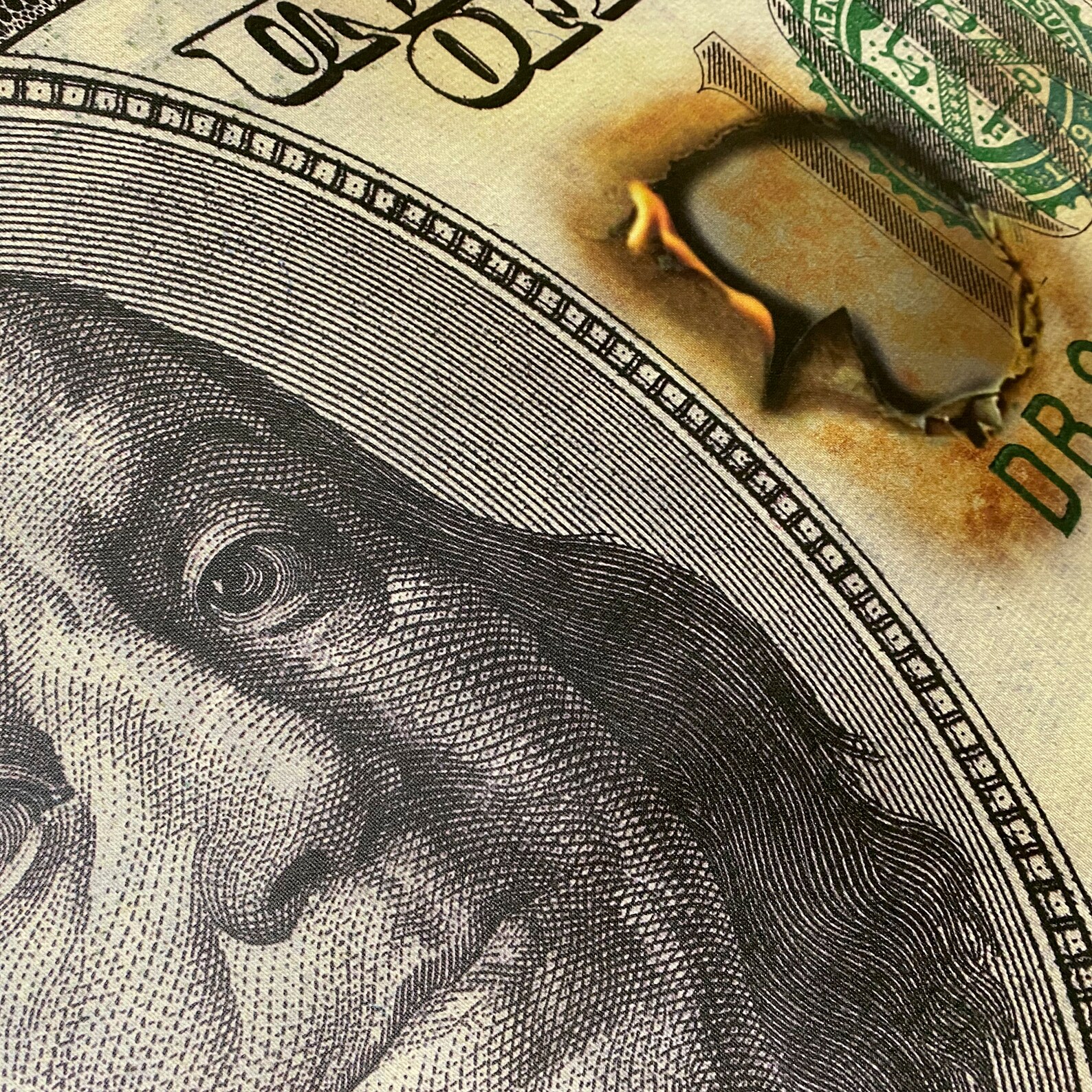 100 Burning Dollars Bill With Benjamin Franklin. Wall Art Canvas and ...
