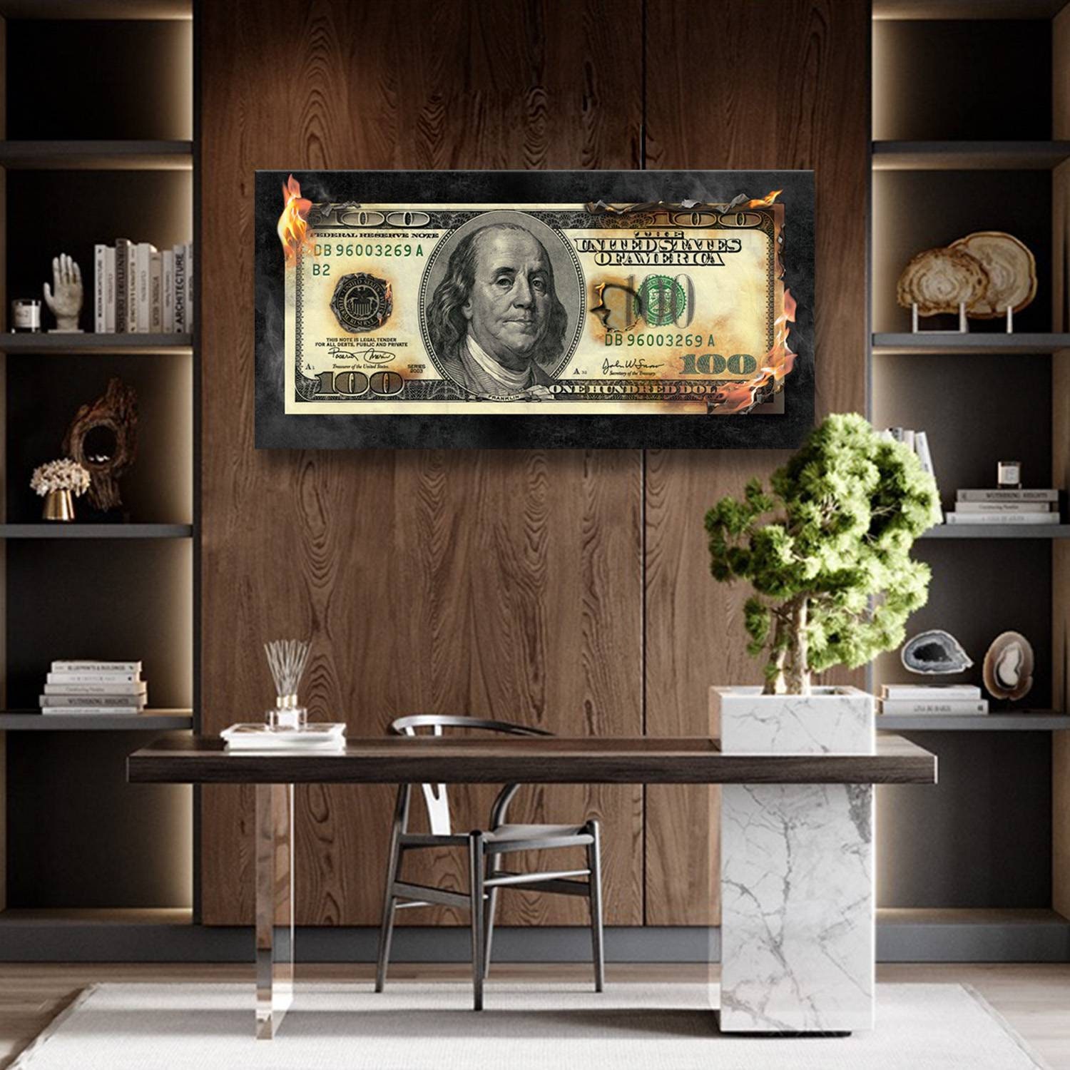 100 Burning Dollars Bill With Benjamin Franklin. Wall Art Canvas and ...