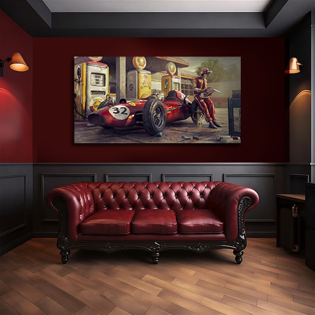 Ferrari F1 Racing Retro Car Driver Wall Art Print on Natural Canvas or ...