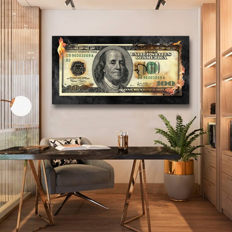 100 Burning Dollars Bill With Benjamin Franklin. Wall Art Canvas and ...