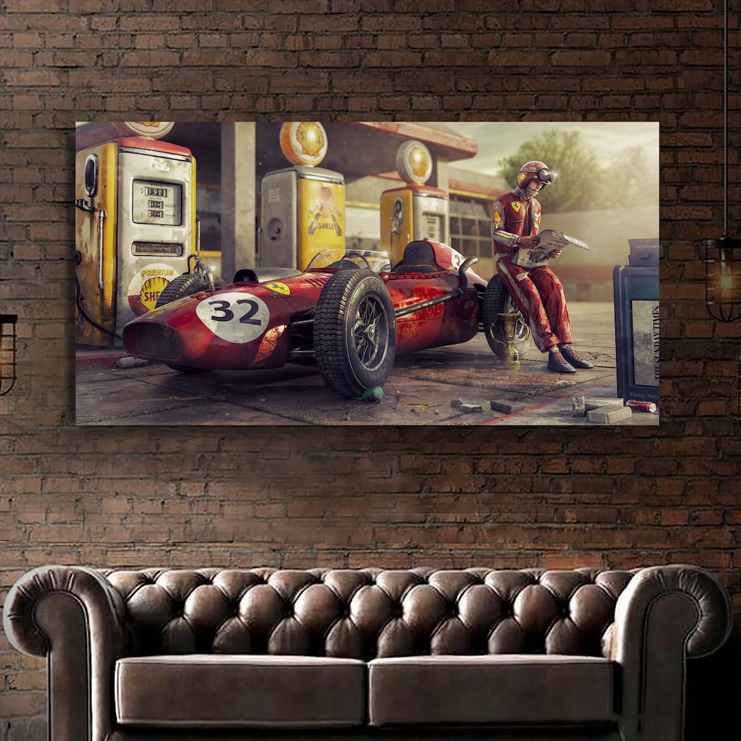Ferrari F1 Racing Retro Car Driver Wall Art Print on Natural Canvas or ...
