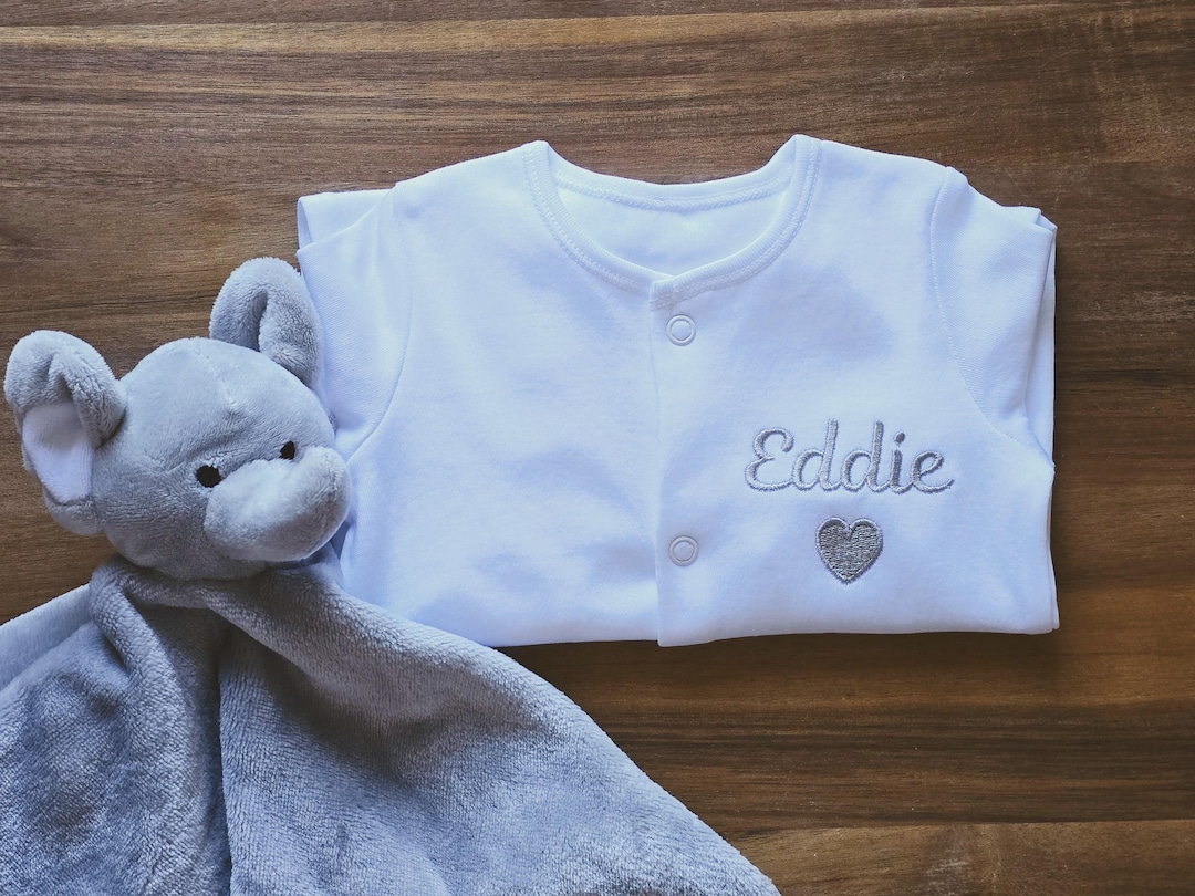Personalized Embroidered Baby White Sleepsuit: Custom Name & Heart ...