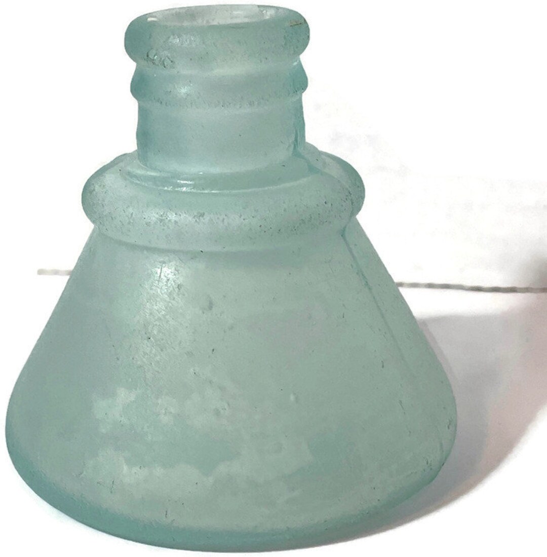Antique Aqua Frosted Glass Ink Bottle Ring Shoulder Cone Shape Ink ...