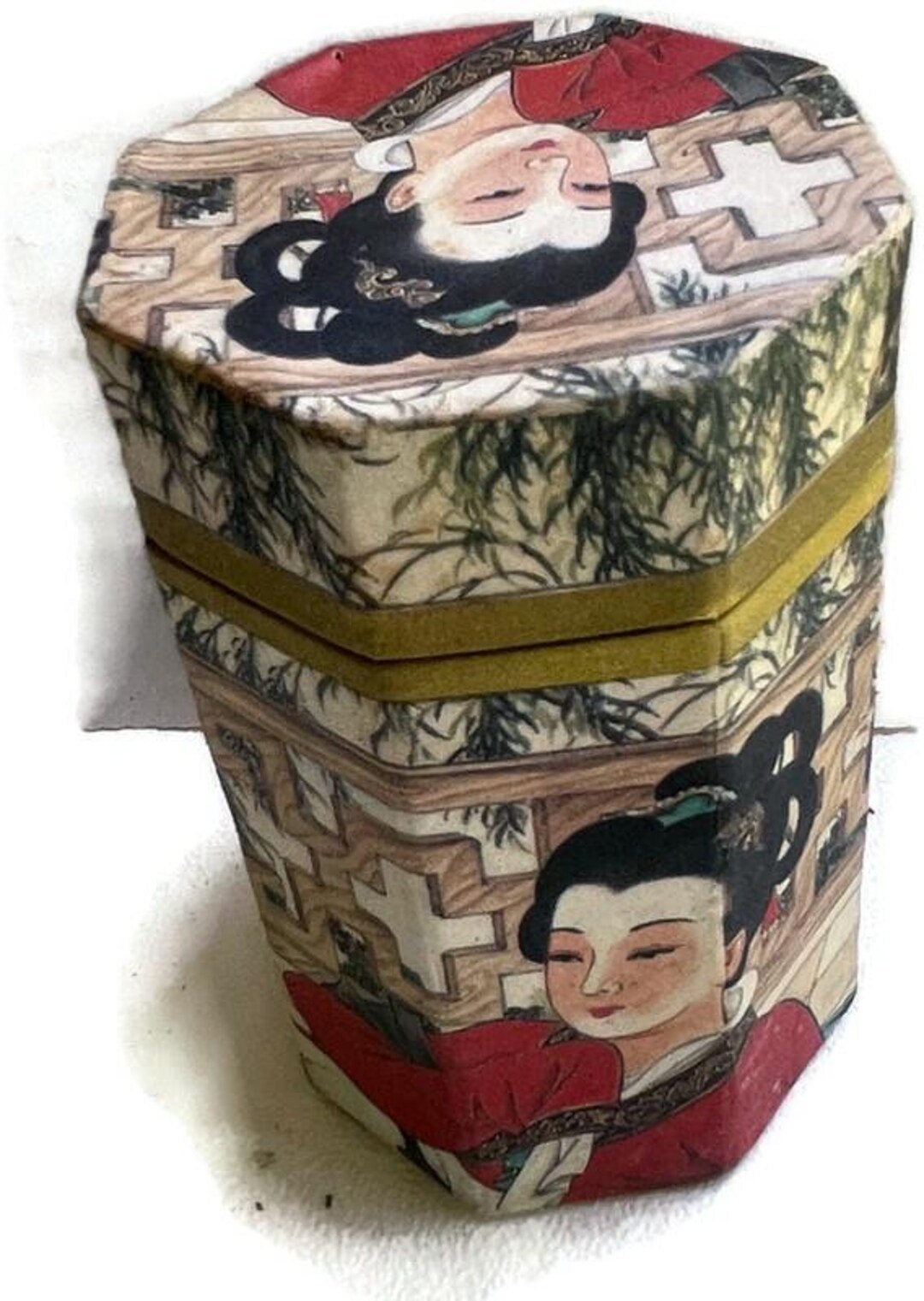 Vintage Japanese Geisha Paper Mache Decorative Gold Trim Octagonal ...