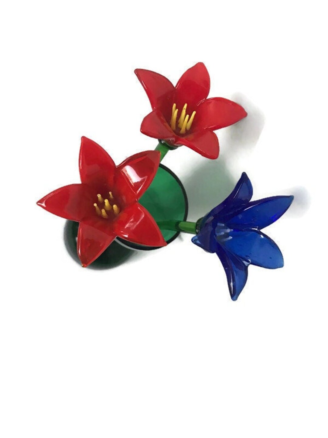 One Vintage Mid Century Hand Blown Art Glass Flower Red or Blue 12 ...