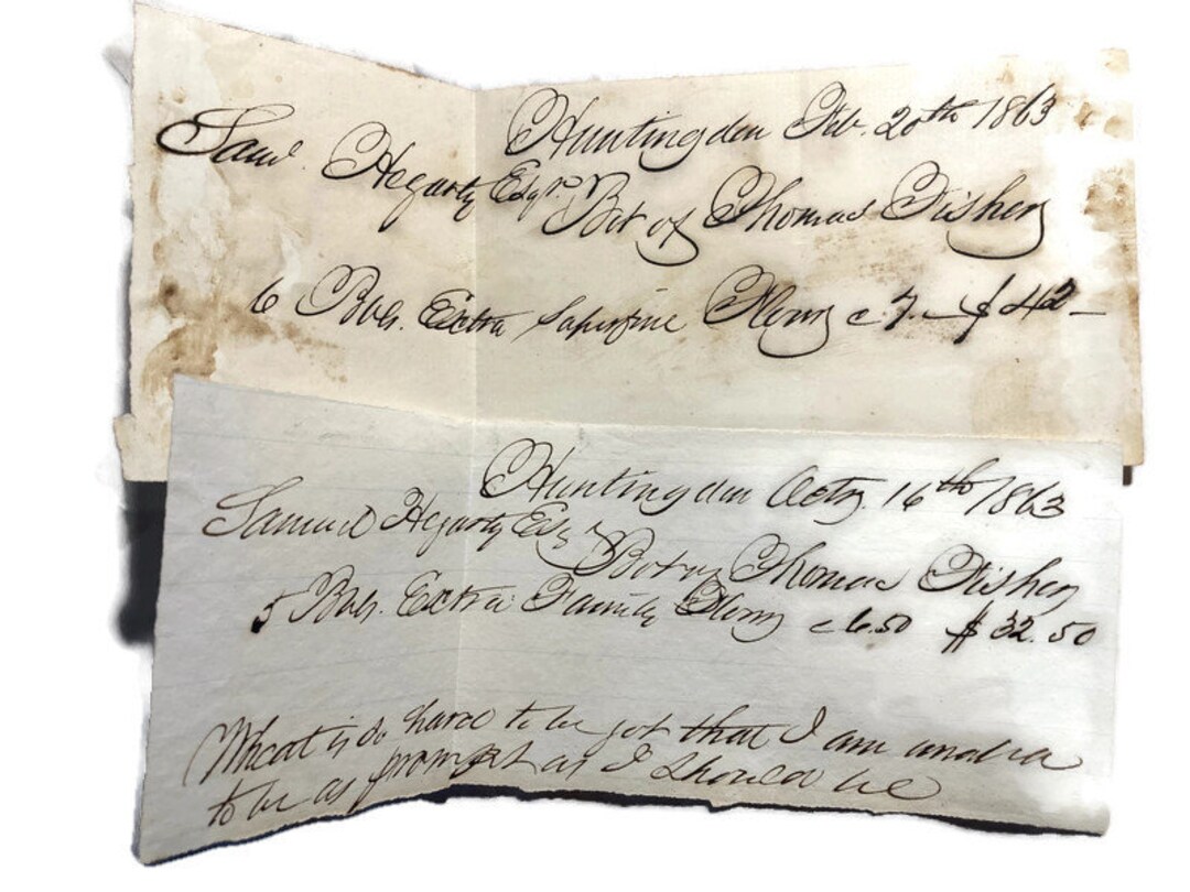 Lot of Two Handwritten Circa 1863 Paper Receipts Historical Ephemera ...