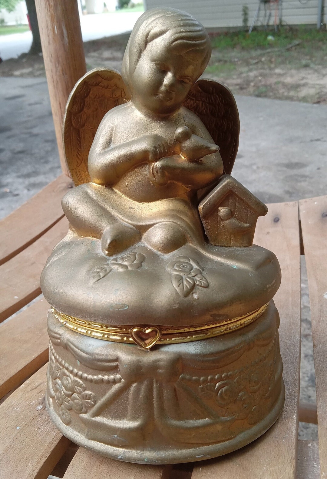 Vintage Gold Ceramic Cupid Cherub Angel Trinket Box With Hinged Lid ...