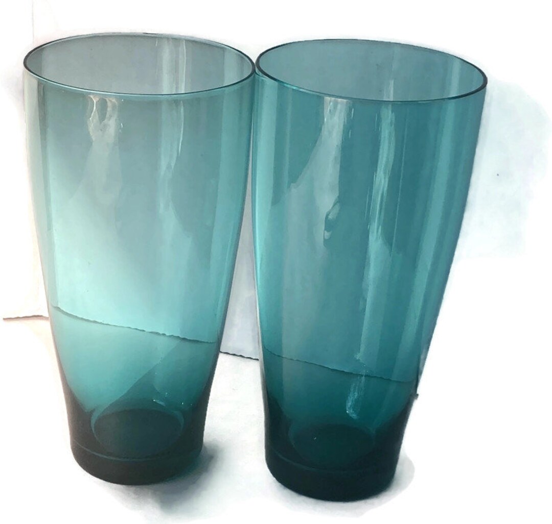 Pair 2 of Vintage Mid Century Seneca Teal Glass Tapered Tumblers ...