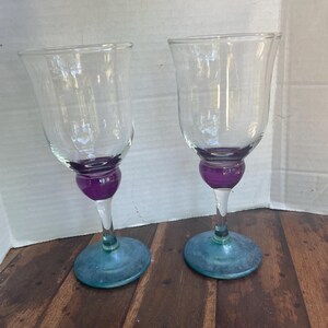 Pair (2) of Vintage Glass Stemware Goblets Purple Knob Stem Turquoise ...