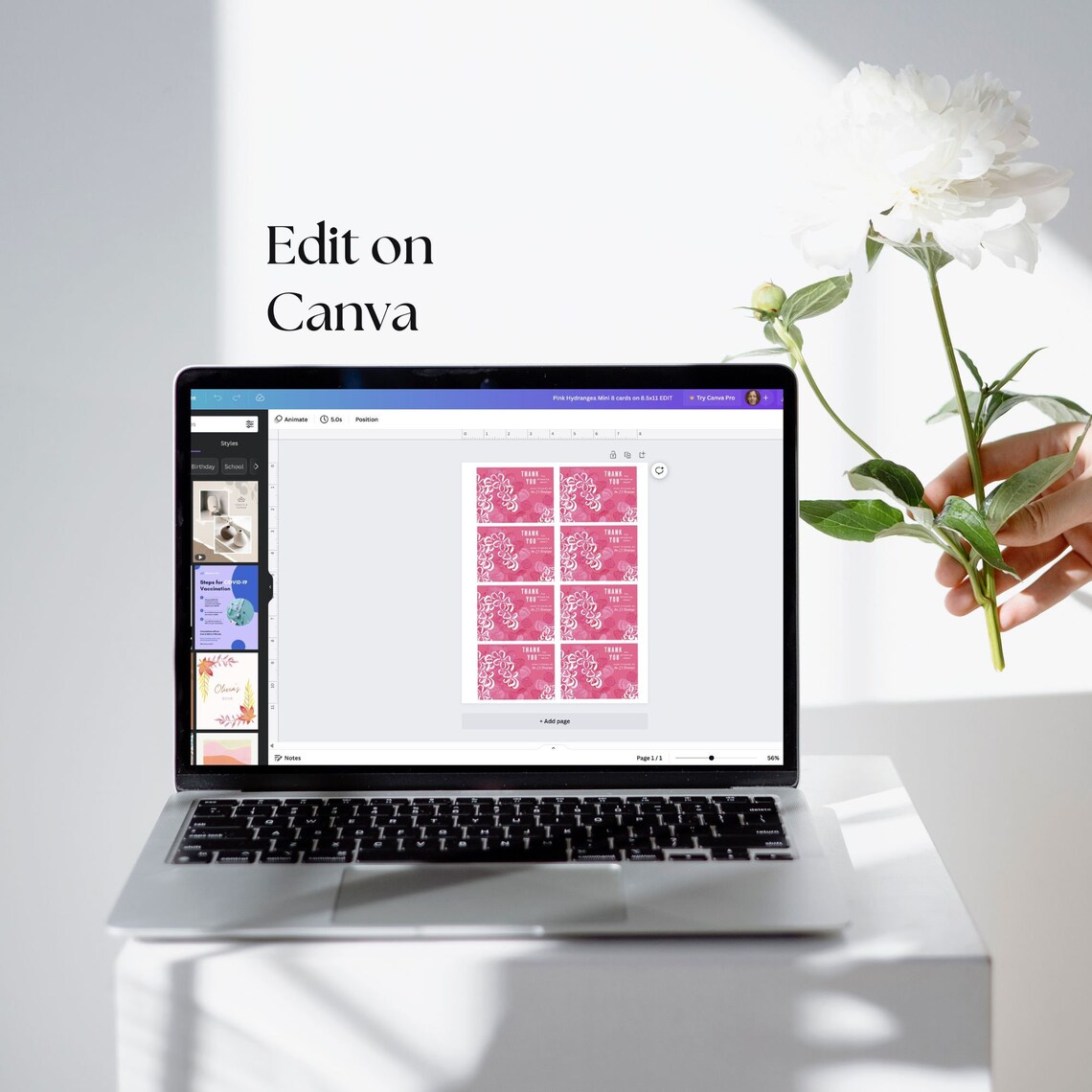 Pink Hydrangea Mini Card Template, Small Thank You Card, Editable Card ...