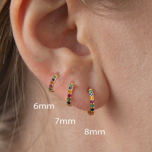 Rainbow Cz Hoops Multicolored Cz Tiny Hoop Minimalist Hoop | Etsy