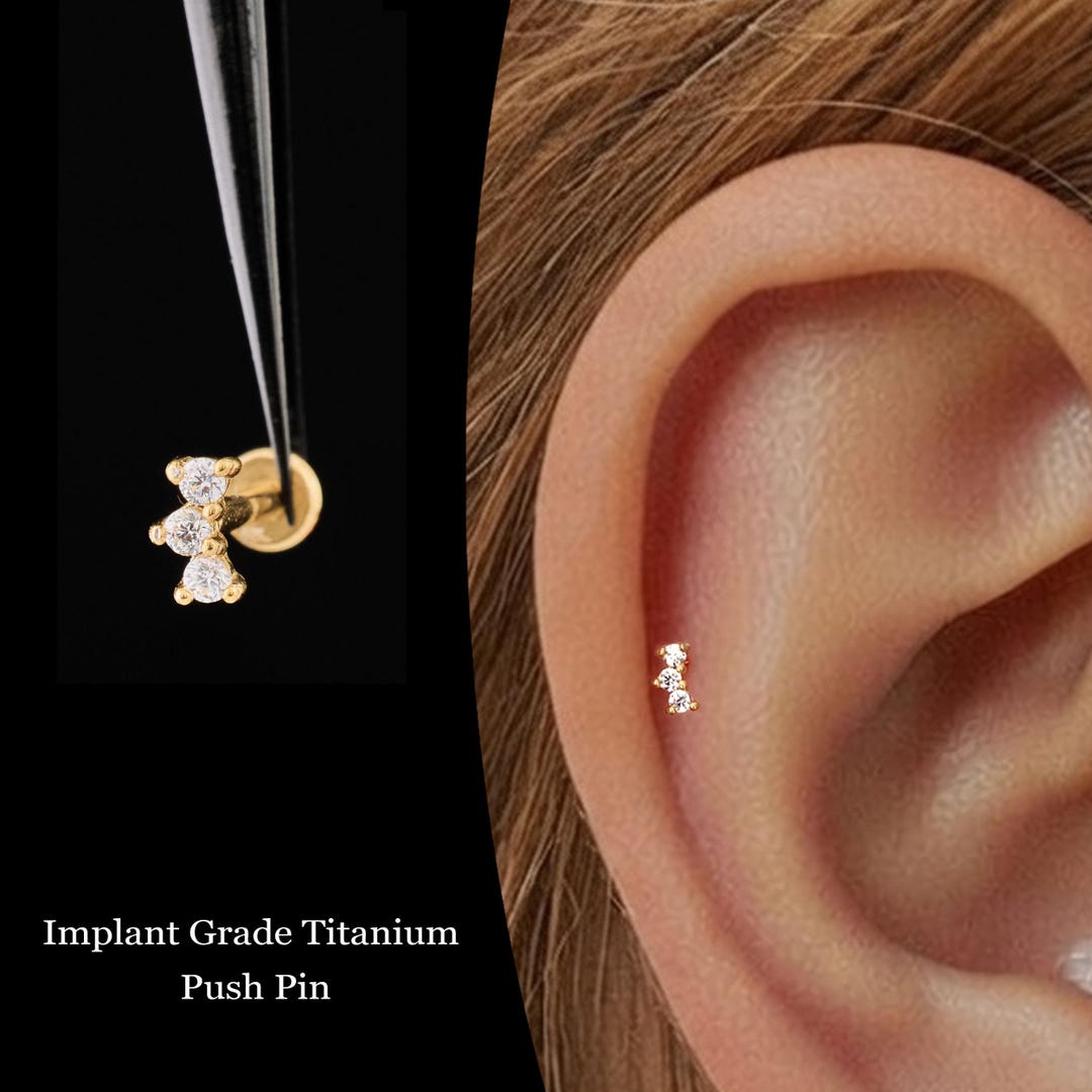 20/18/16G Tiny Cz Push Pin Labret • Titanium Threadless Flat Back ...