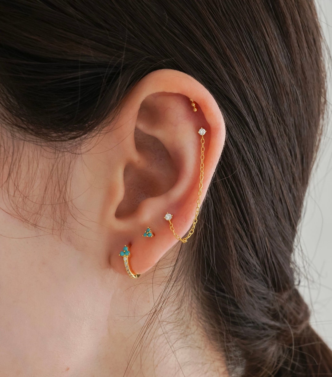 Two Studs Chain Earring - Cz Chain Earrings - Dainty Chain Stud ...