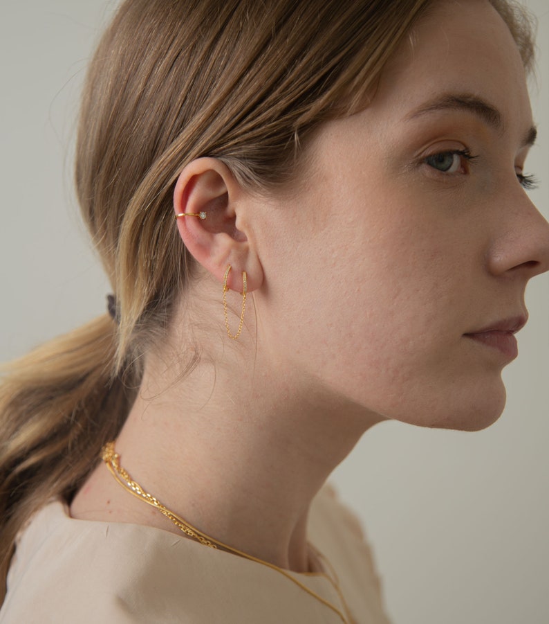 Double Hoop Earring With Chain Cz Huggie Hoop Chain Hoop - Etsy