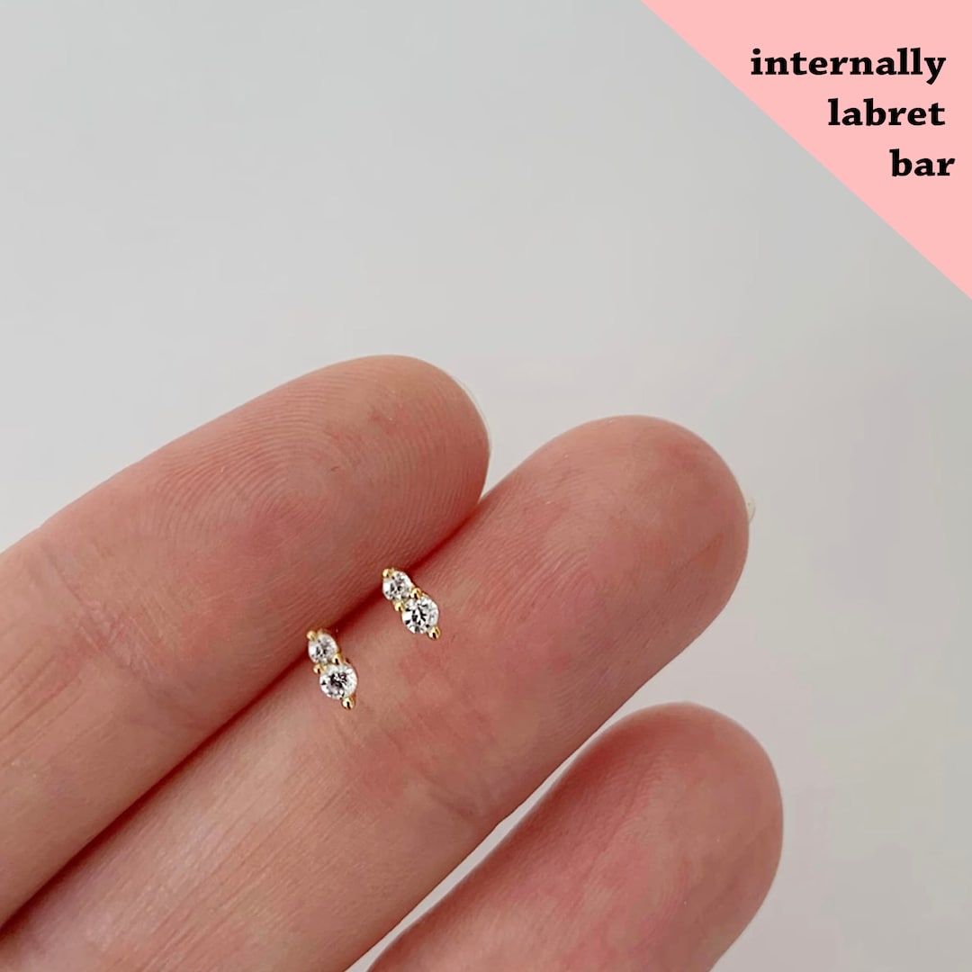 18G/16G Two Stone Internally Threaded Labret • Tragus Stud • Conch ...