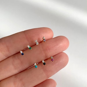 Tiny Two Stone Stud Birthstone Stud Sterling Silver - Etsy