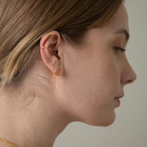 Cz Huggie Hoop - Double Hoop Earring With Chain - Chain Hoop - Chain ...