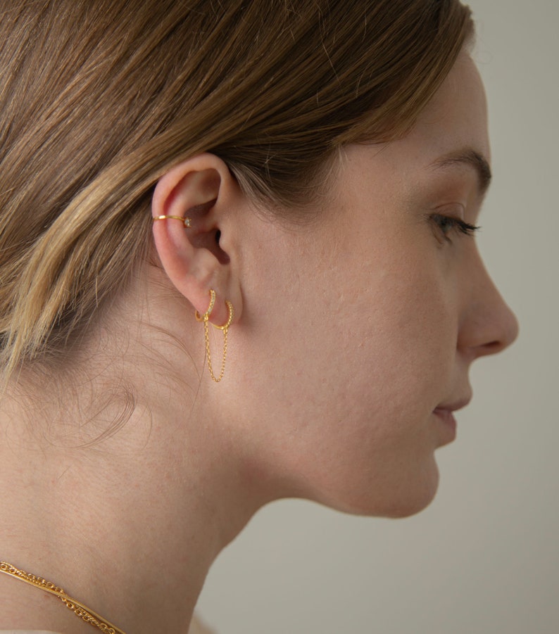 Double Hoop Earring With Chain Cz Huggie Hoop Chain Hoop - Etsy