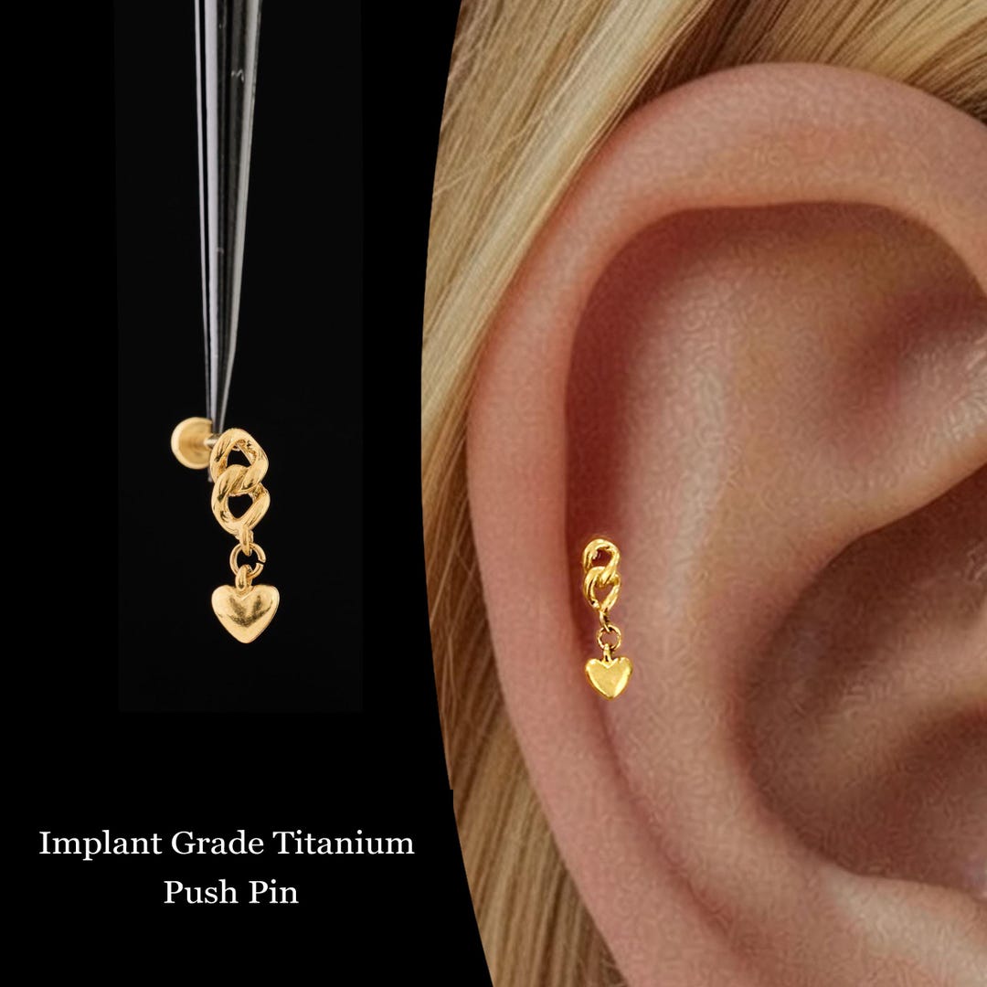 20/18/16G Chain Heart Push Pin Labret • Titanium Threadless Flat Back ...