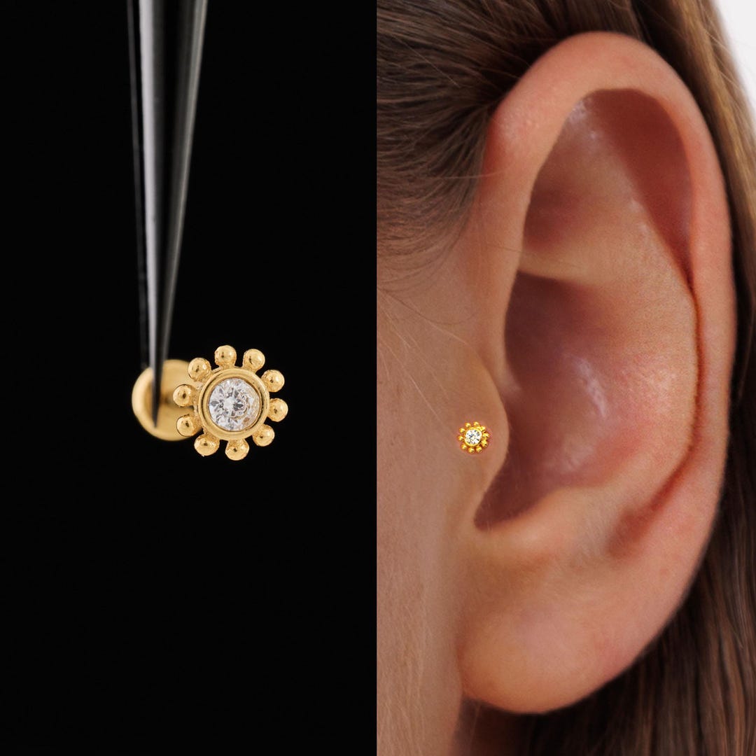 20/18/16G Flower Push Pin Labret • Titanium Threadless Flat Back ...