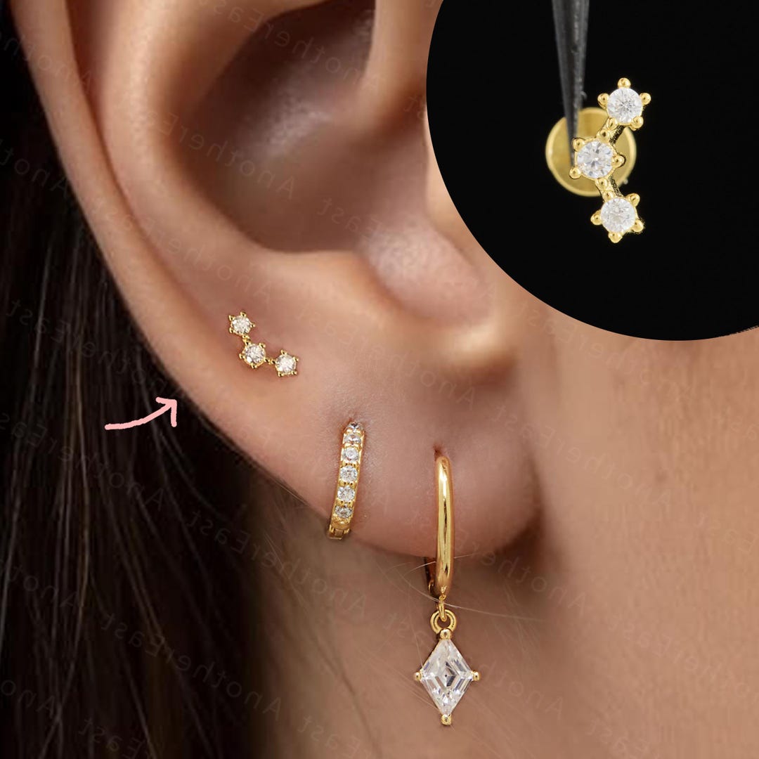 18G/16G Tiny Three Cz Internally Threaded Labret • Tragus Stud • Conch ...