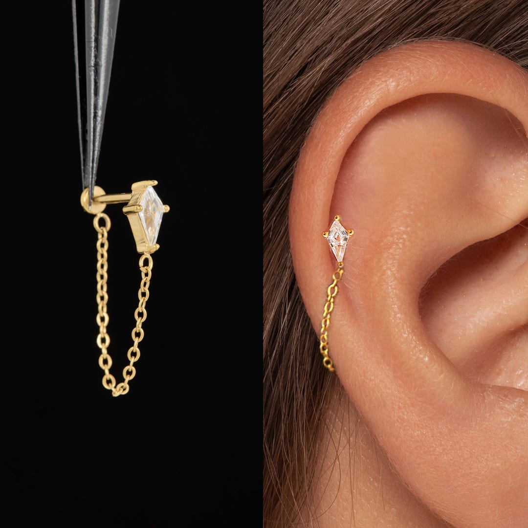 18G Cz Chain Push Pin Labret • Titanium Threadless Flat Back Earring ...