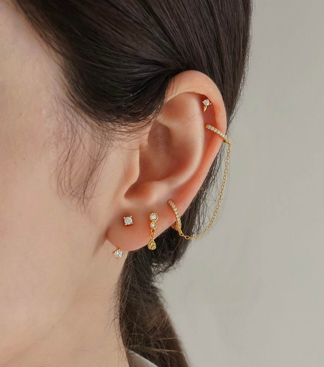 Double Hoop Earring With Chain - Cz Huggie Hoop - Chain Hoop - Chain ...