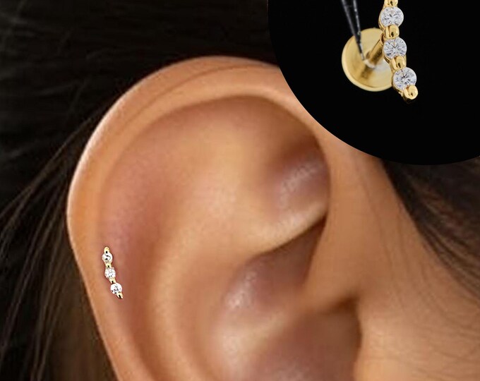 18G/16G Three Cz Internally Threaded Labret • Tragus Stud • Conch ...