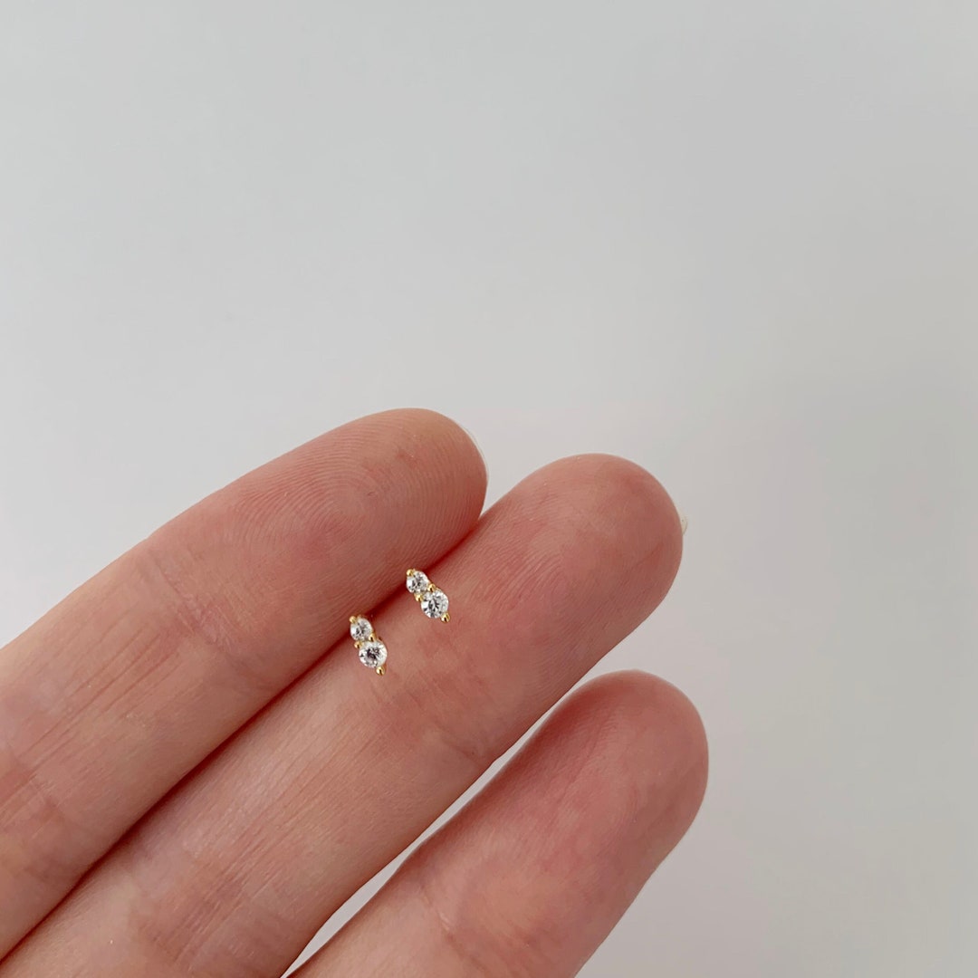 Tiny Two Stone Stud - Birthstone Stud - Sterling Silver Earring - Gold ...