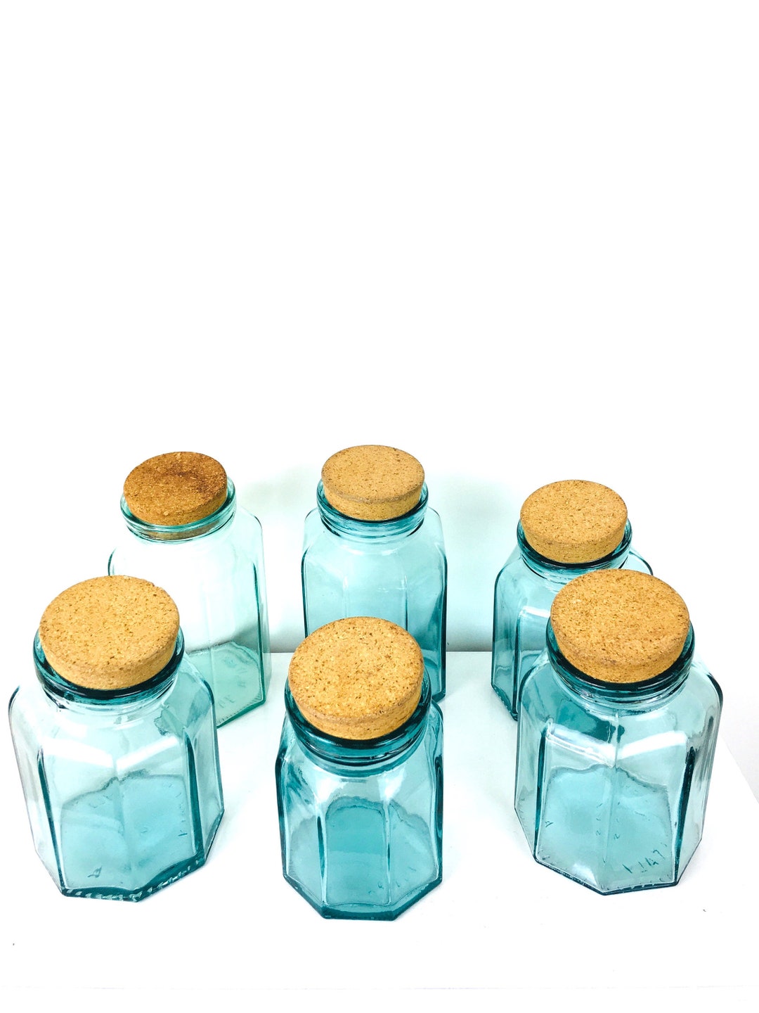 Vintage AQUA BLUE Glass COUNTER Top Storage Jar Containers / 6 Jars Set ...