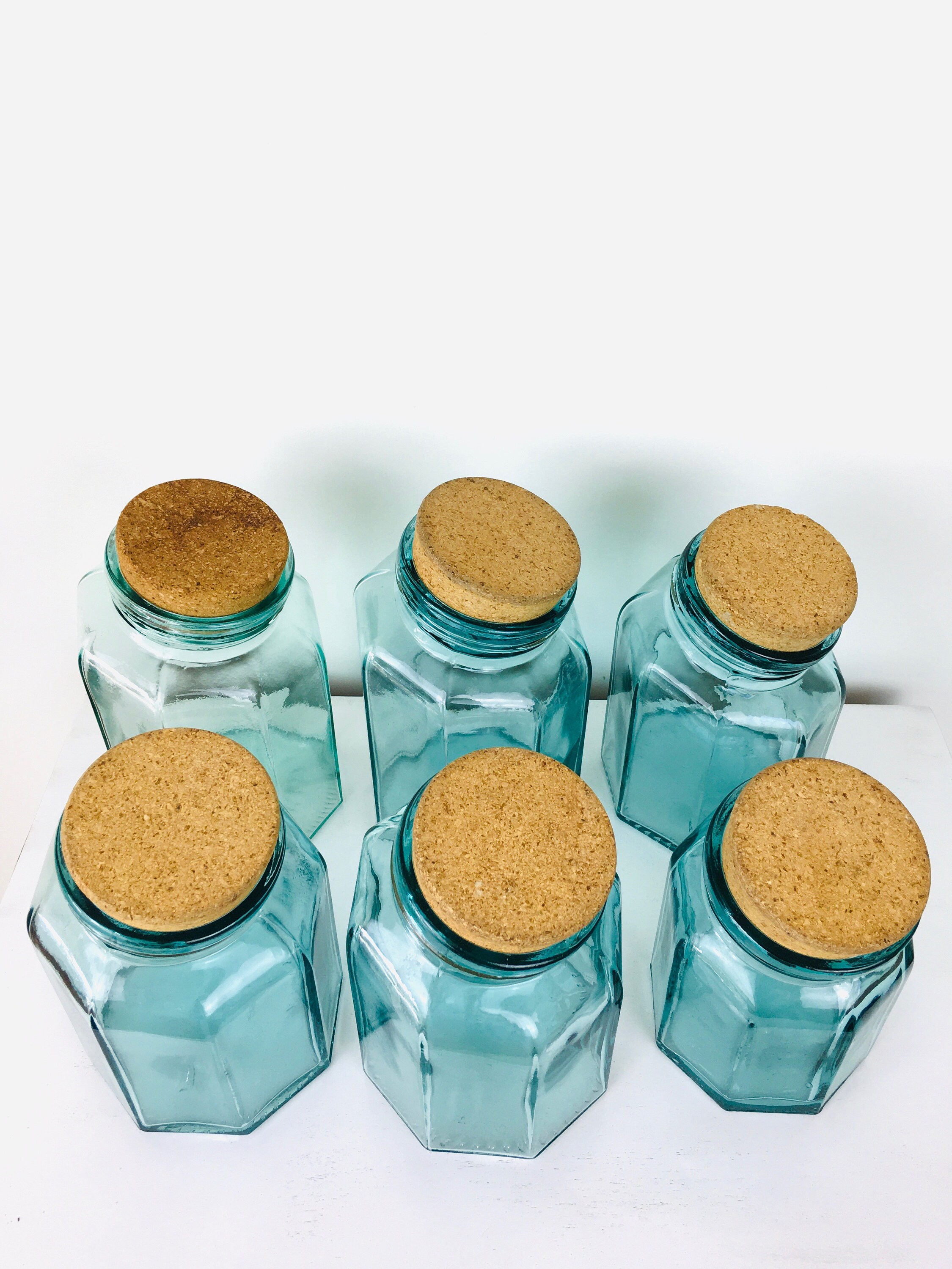 Vintage AQUA BLUE Glass COUNTER Top Storage Jar Containers / 6 Jars Set ...
