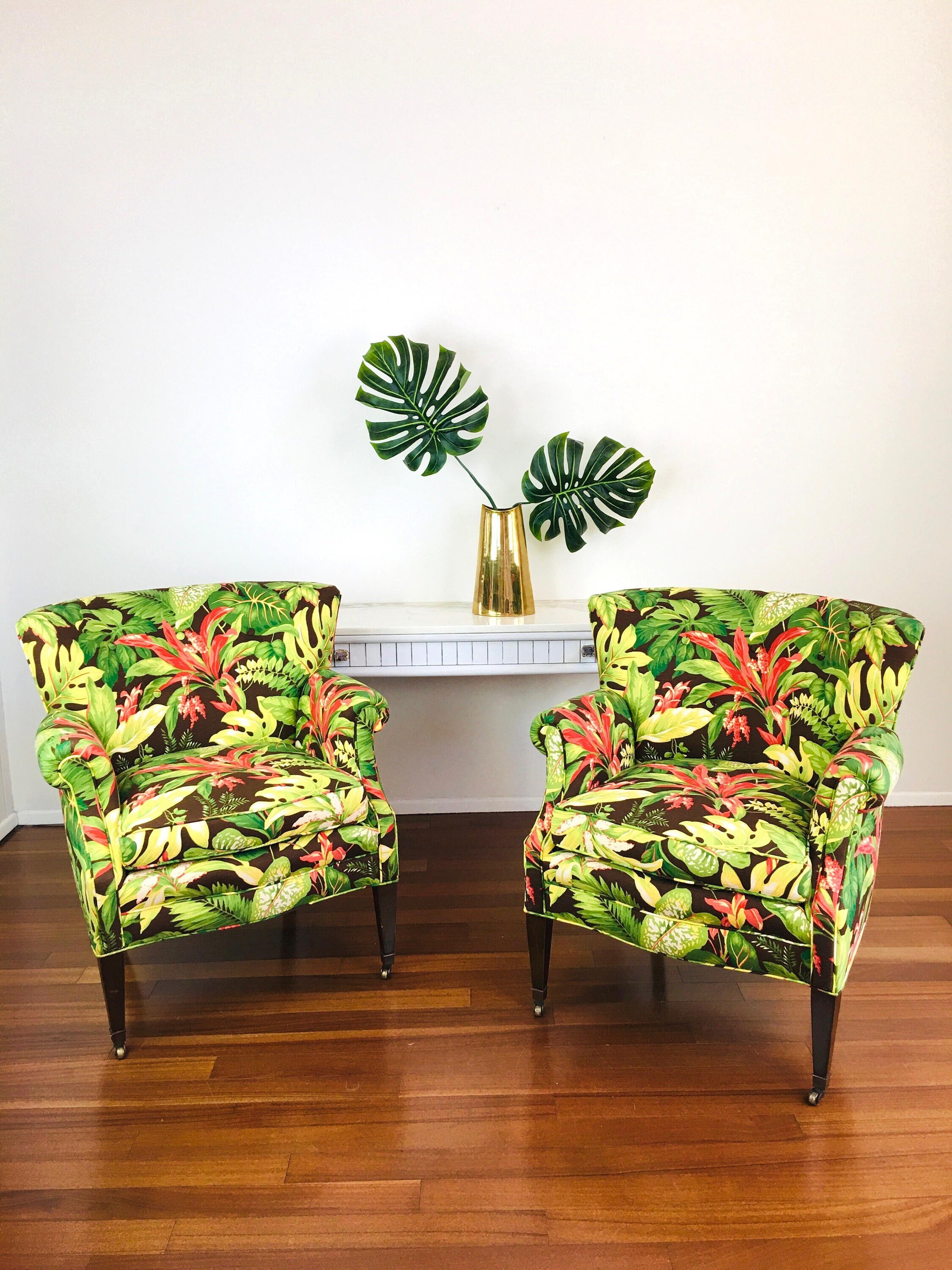 Vintage 1950s TROPICAL FLORAL PALM Print Pair of Lounge Chairs Etsy
