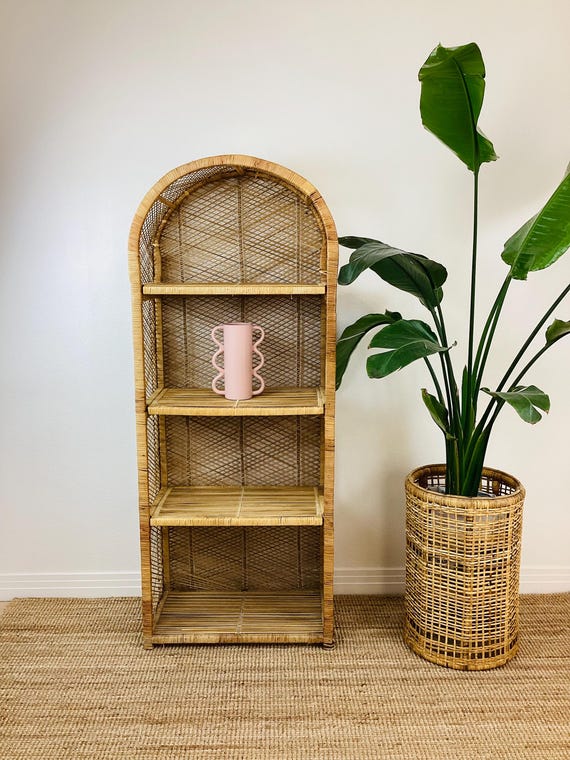 Vintage 1970s WOVEN RATTAN WICKER Tall Boho Chic Peacock Style Etagere Shelf Etsy