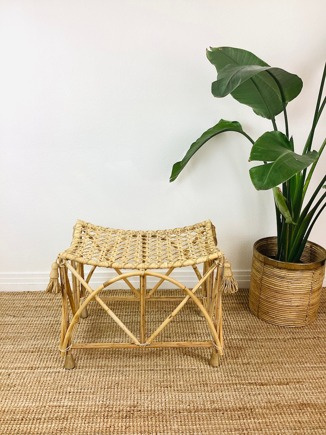 Vintage 1970s WOVEN RATTAN Cane & BAMBOO Stool Bench / Boho Chic Style ...