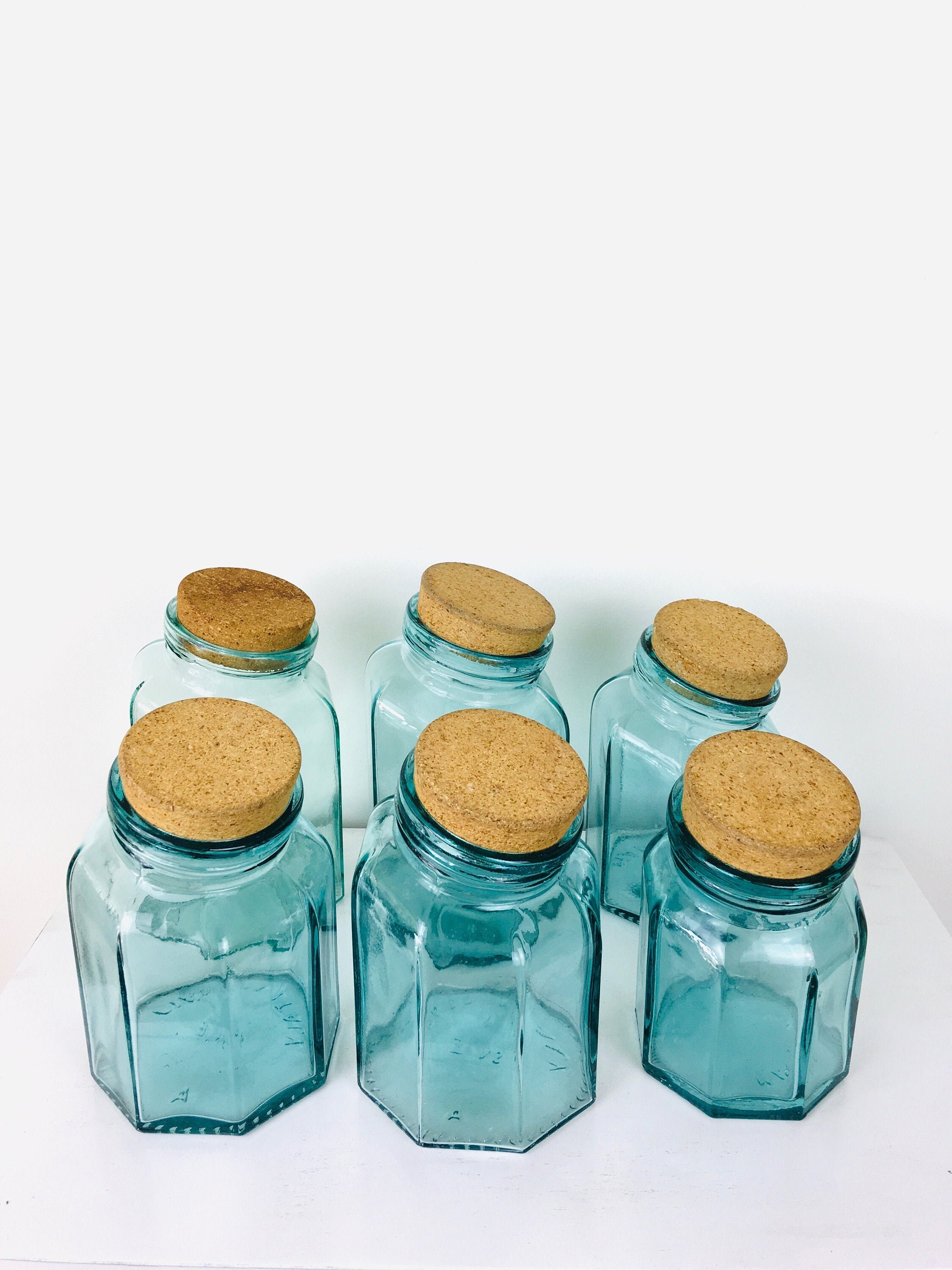 Vintage AQUA BLUE Glass COUNTER Top Storage Jar Containers / 6 Jars Set ...