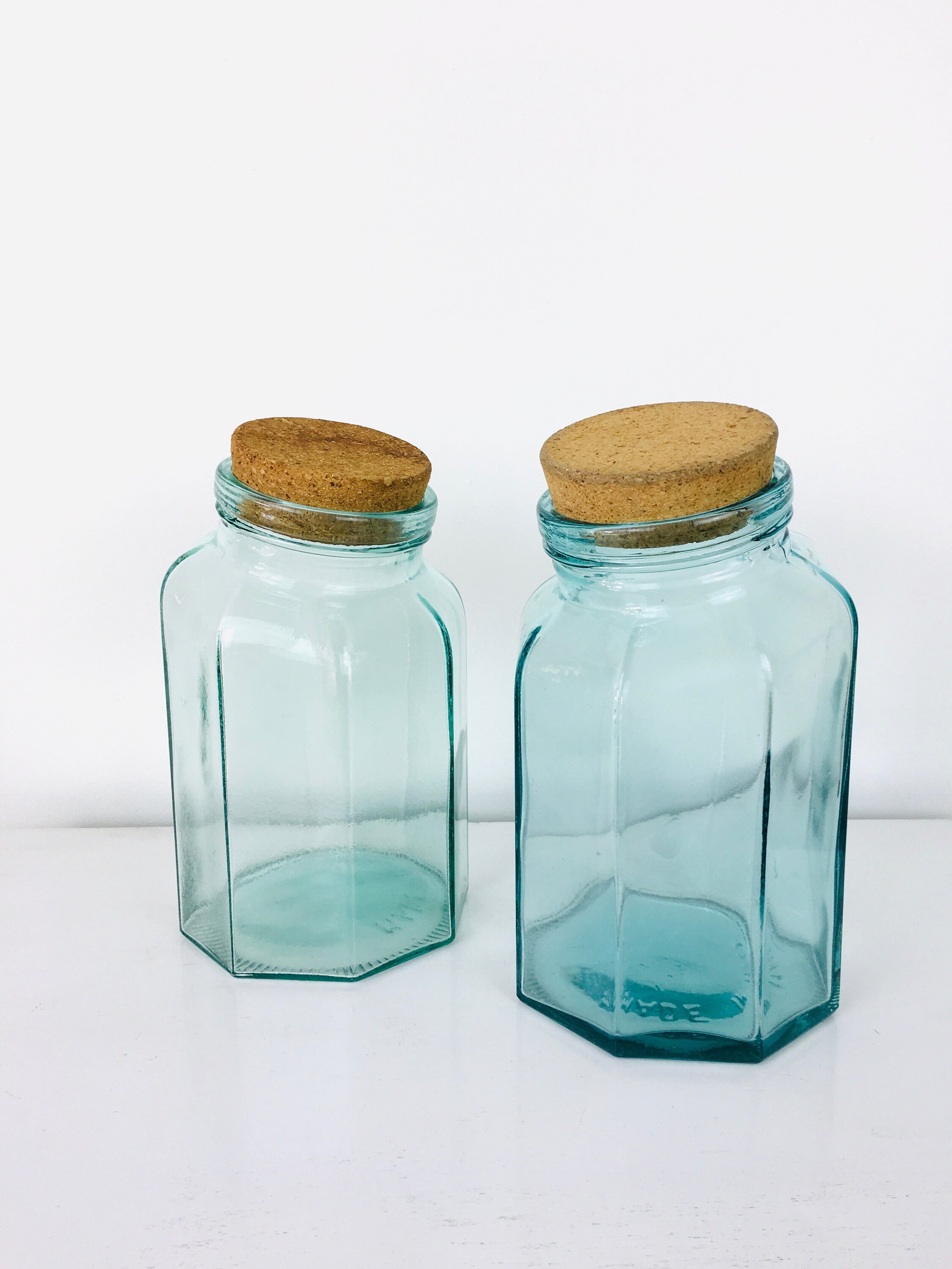 Vintage AQUA BLUE Glass COUNTER Top Storage Jar Containers / 6 Jars Set ...