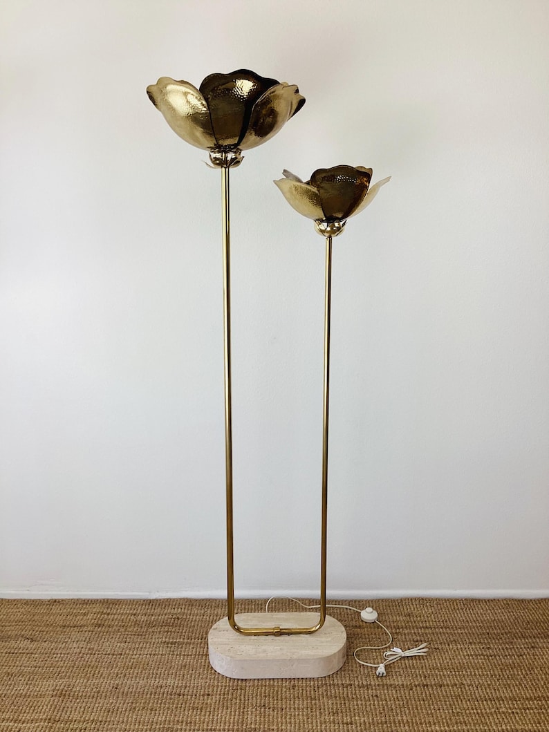 Vintage 1970s BRASS LOTUS FLOWER & Travertine Floor Lamp / Chinoiserie ...
