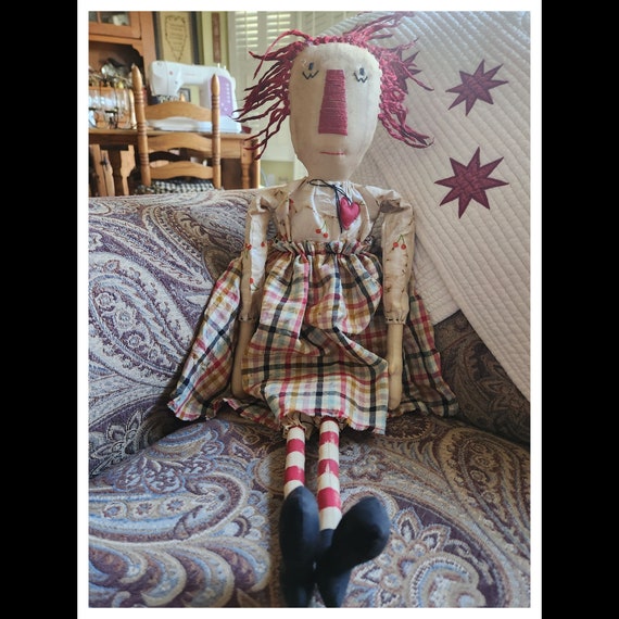 Primitive Rag Dolls Handmade Primitive Rag Doll In Red Gingham Dress