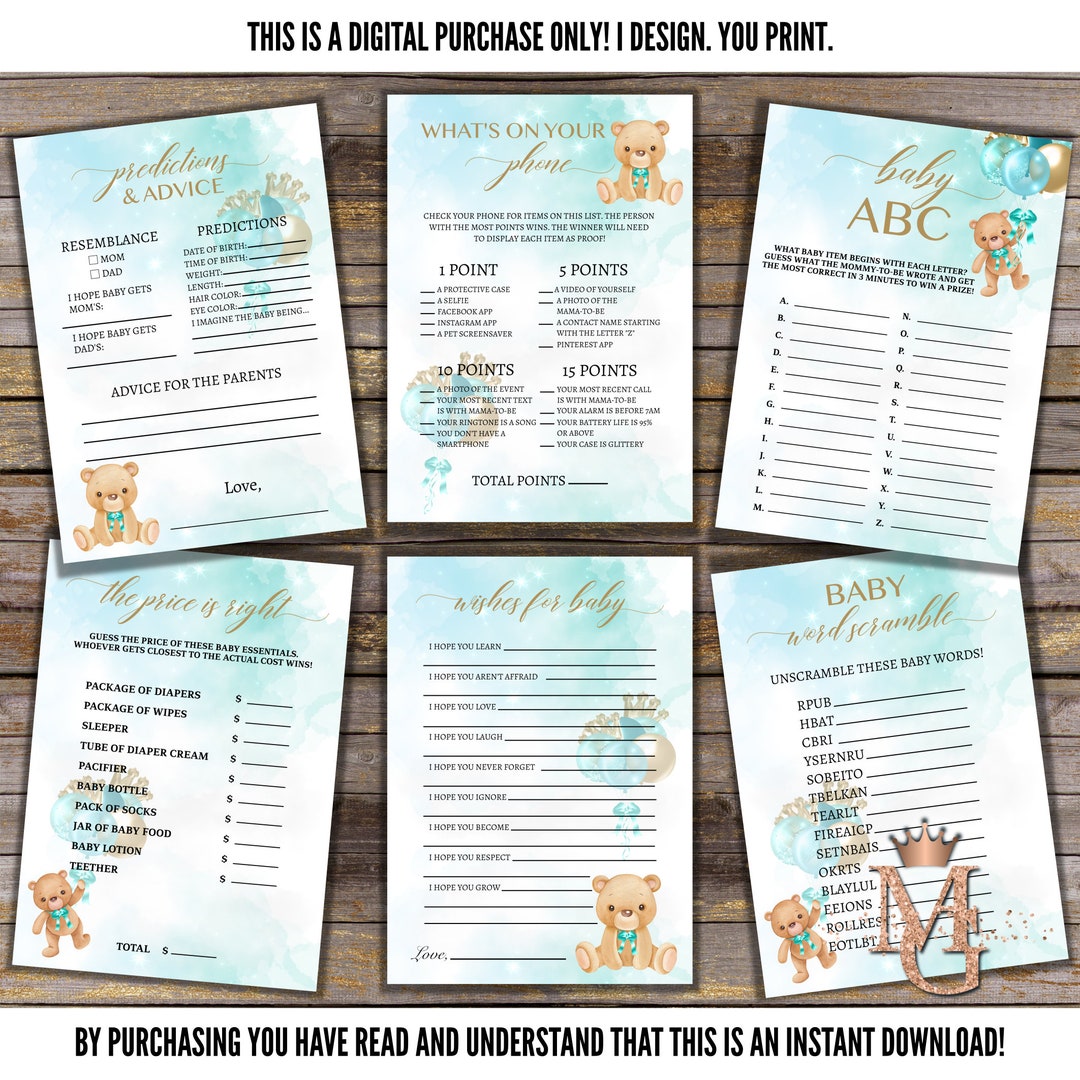 Bear Baby Shower Game Set! Printable Games! Digital Games! Bearly Wait Games Set! Turquoise Blue ...