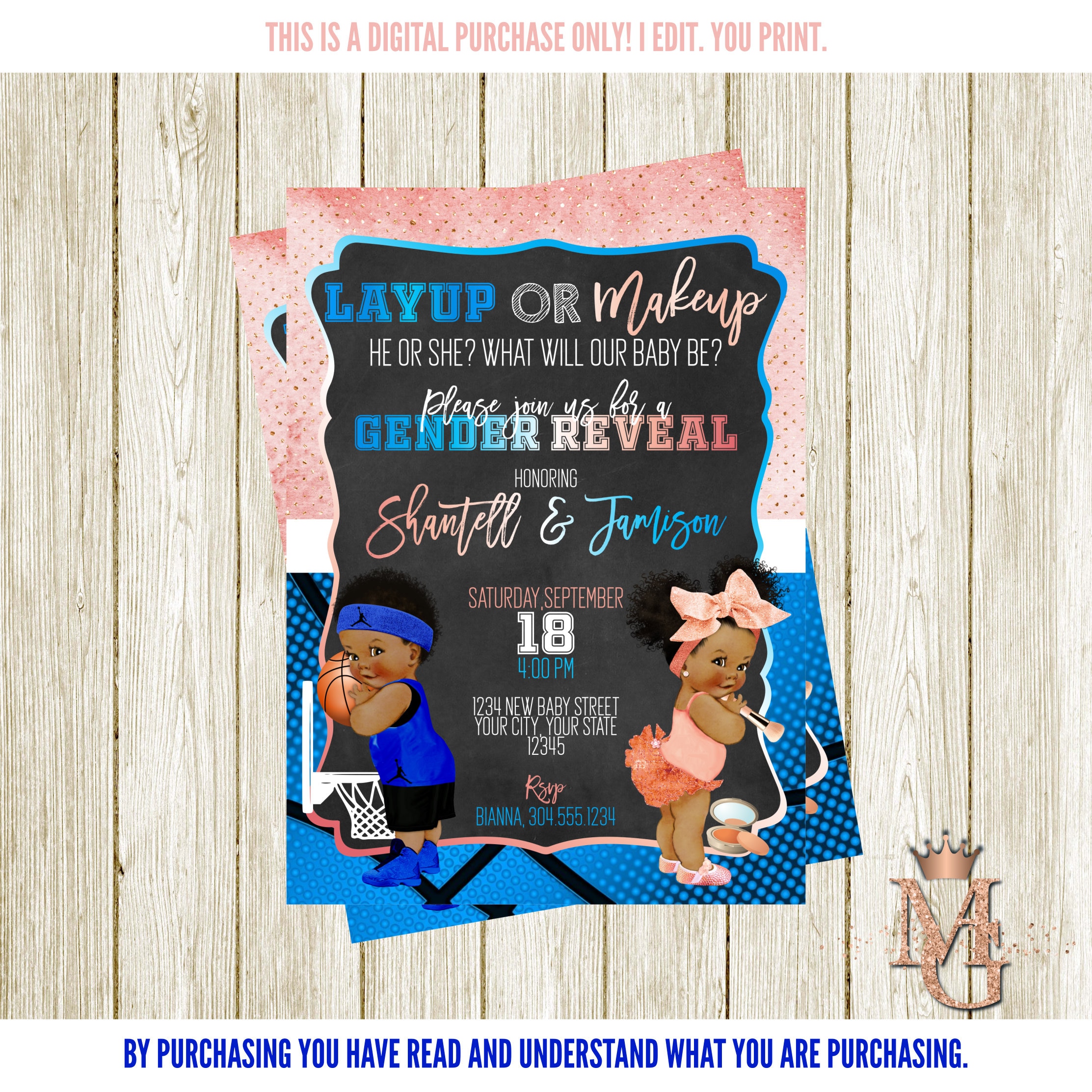 Layup or Makeup Gender Reveal Invitation Royal Blue and Rose - Etsy