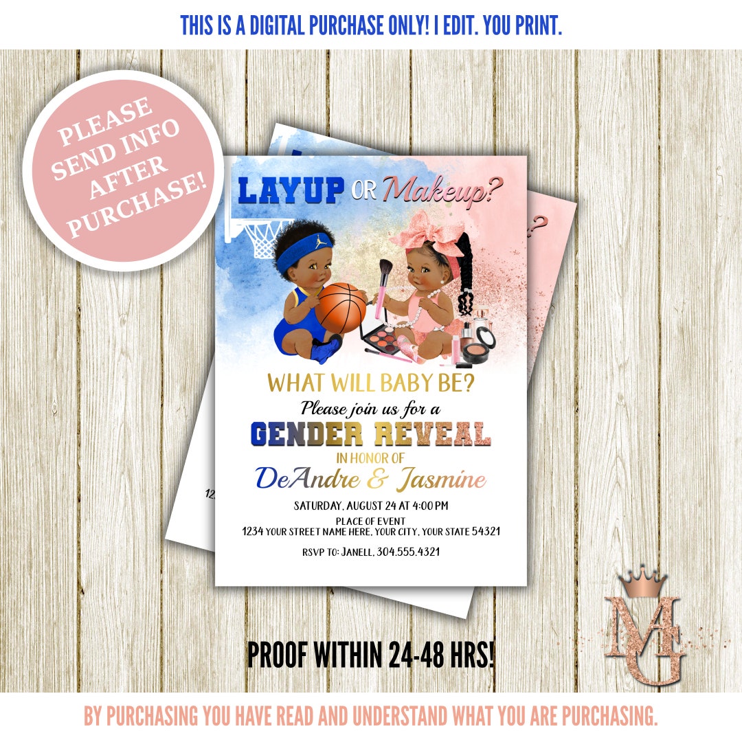 Layup or Makeup Gender Reveal Invitation! Royal Blue, Rose Gold Pink ...