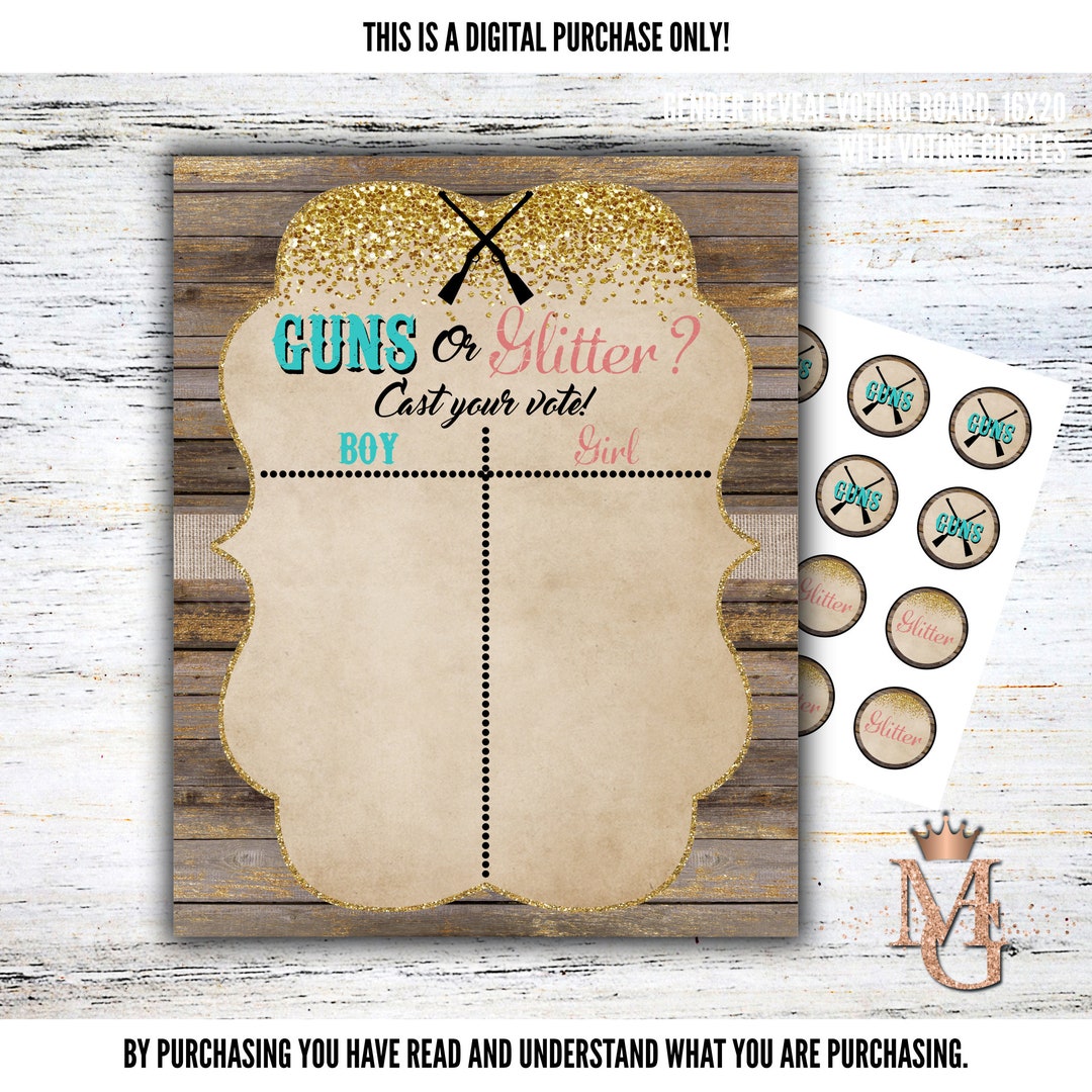 Guns or Glitter Gender Reveal Vote Board! Blue, Pink and Gold Glitter ...