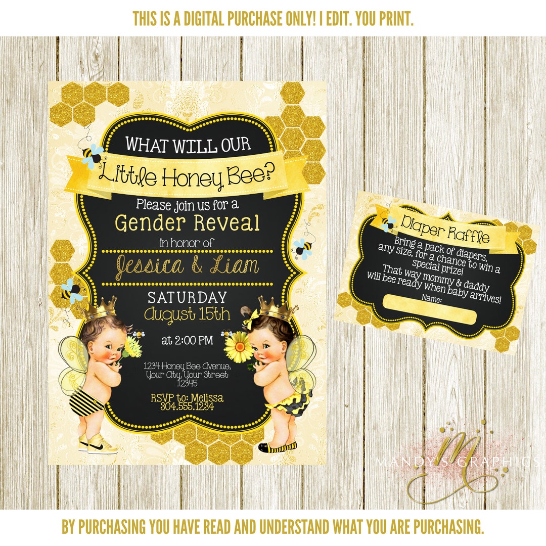 Honey Bee Gender Reveal Invitation and Diaper Raffle, Yellow and Gold ...