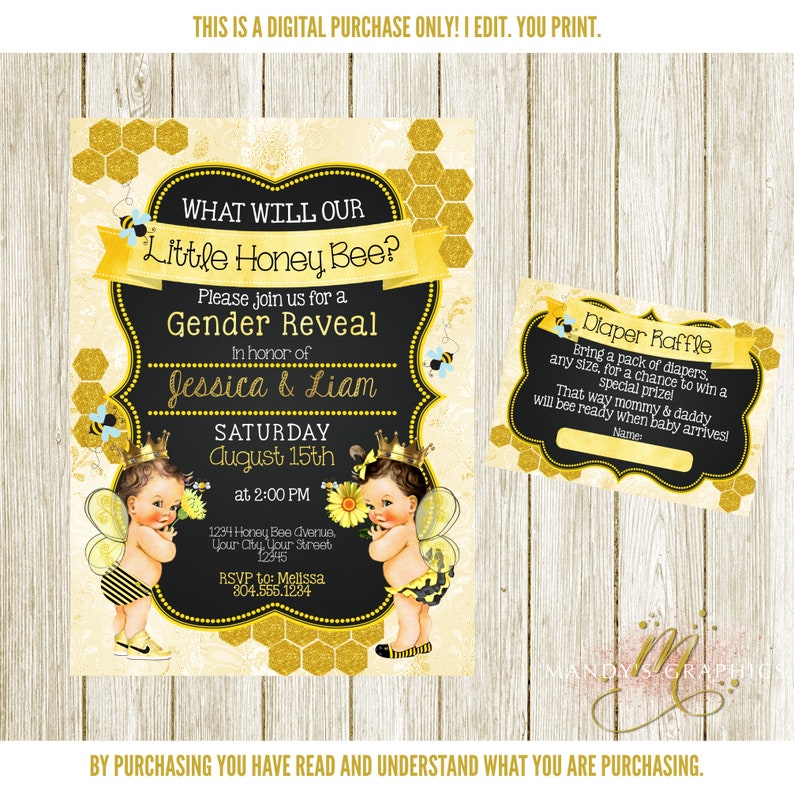 Honey Bee Gender Reveal Invitation and Diaper Raffle, Yellow and Gold ...