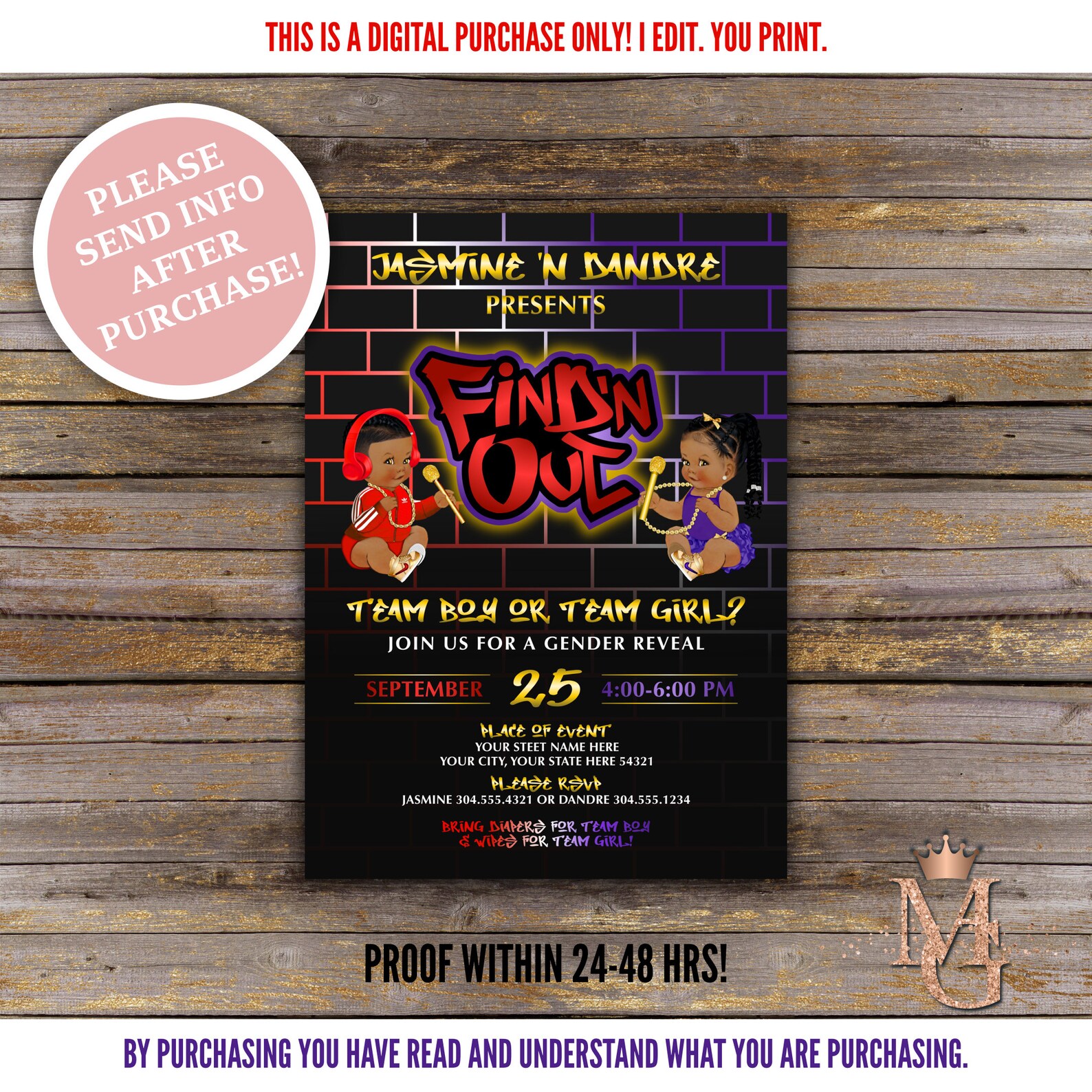 Find 'N Out Gender Reveal Invitation Hip Hop Gender Reveal Red, Purple ...