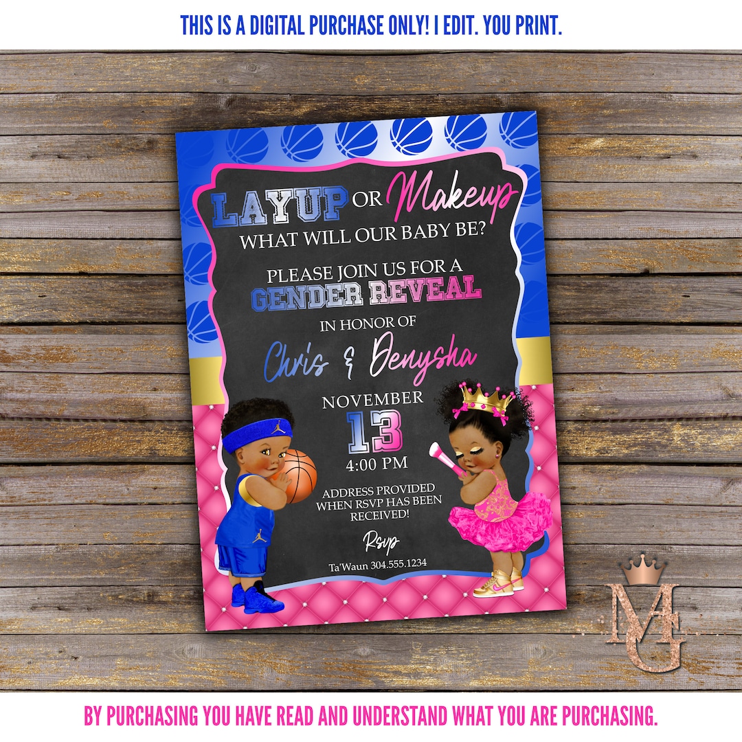 Layup or Makeup Gender Reveal Invitation! Royal Blue, Hot Pink and Gold ...